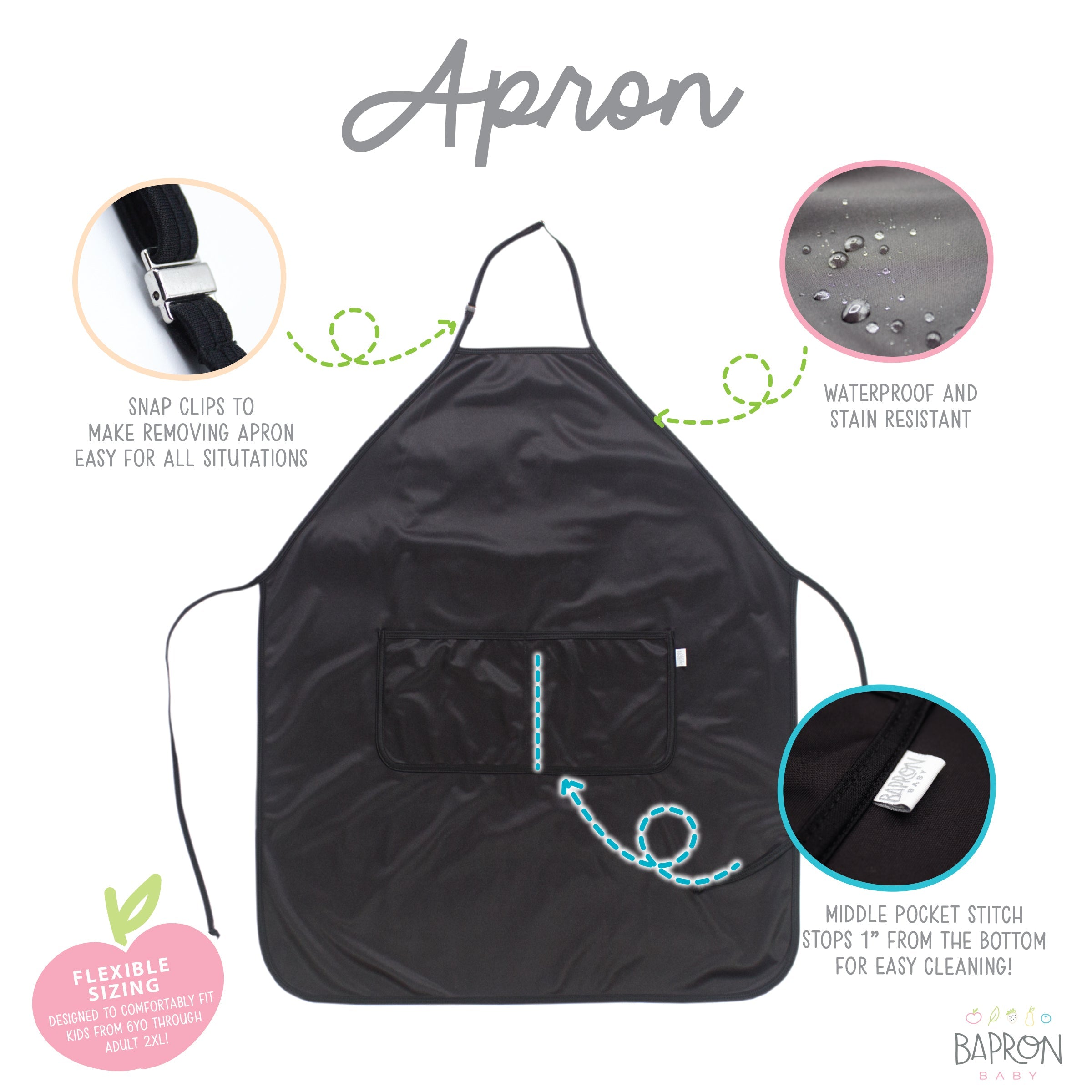 Solid Black Minimalist Apron - fits sizes youth small through adult 2X ...